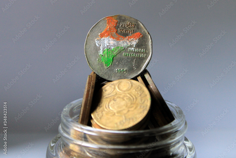 Two rupee coin of India isolated on white background. Map of India as a ...