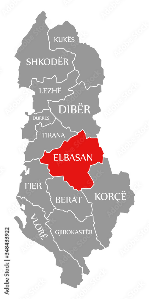 Elbasan red highlighted in map of Albania Stock Vector | Adobe Stock