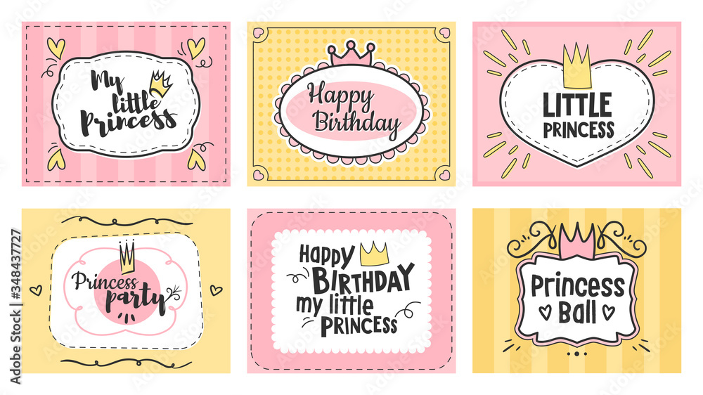 Princess birthday card set. Pink postcard or gift wrapper festive ...