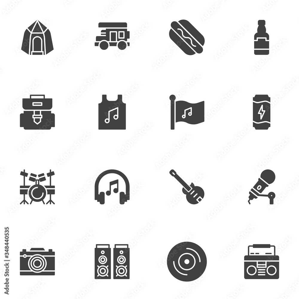 Music festival vector icons set, modern solid symbol collection, filled ...