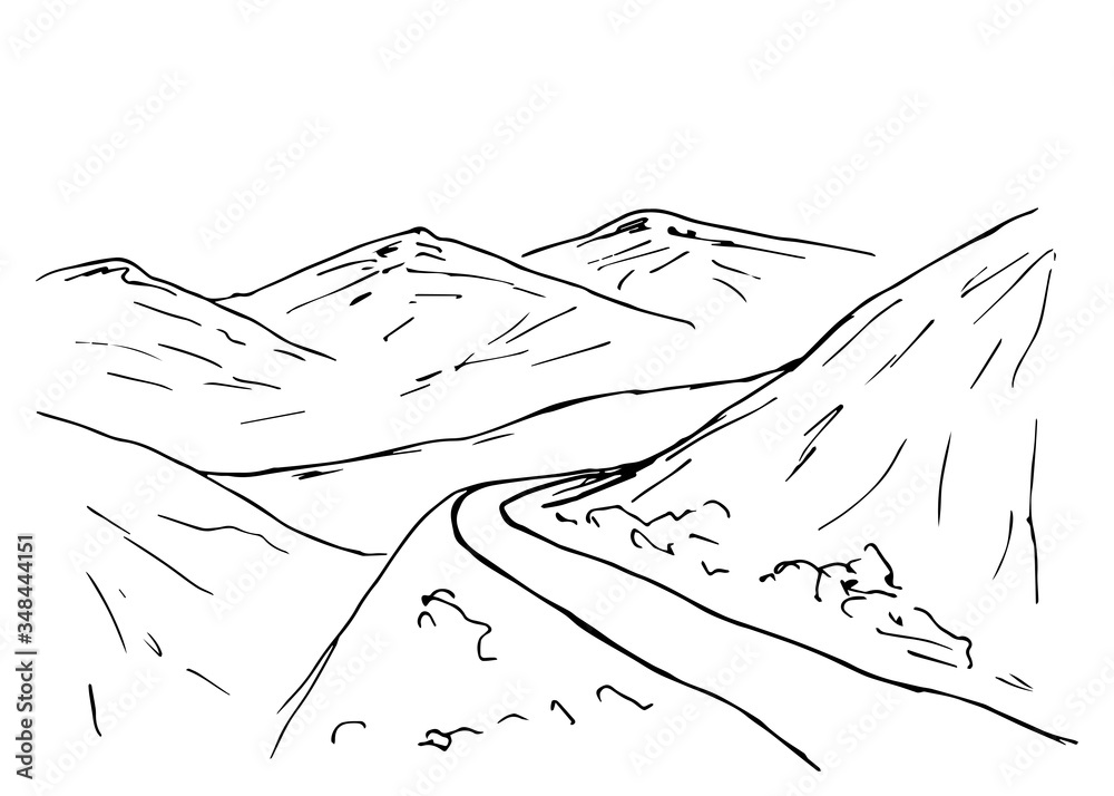 Simple vector drawing in black outline. Nature of mountainous countries ...