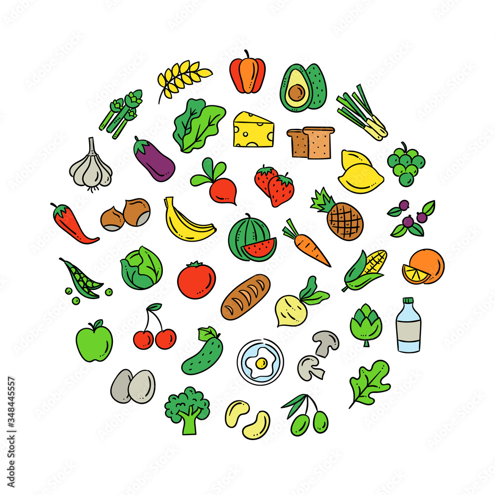 Healthy eating clipart set. Vector fruit and vegetables cute icons ...