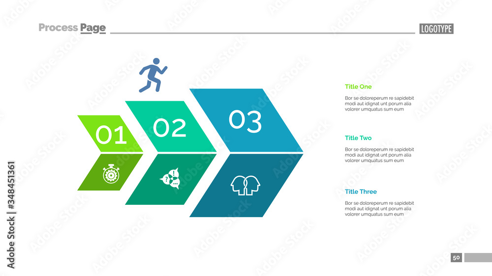 Three steps process chart slide template. Business data. Optimization ...