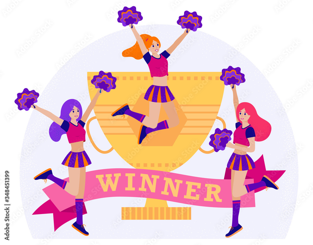 Cheer Team Jumps with Pompons near the Gold Cup and Ribbon Winner ...