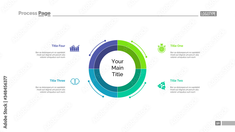 Circle diagram with four elements slide template. Business data. Graph ...