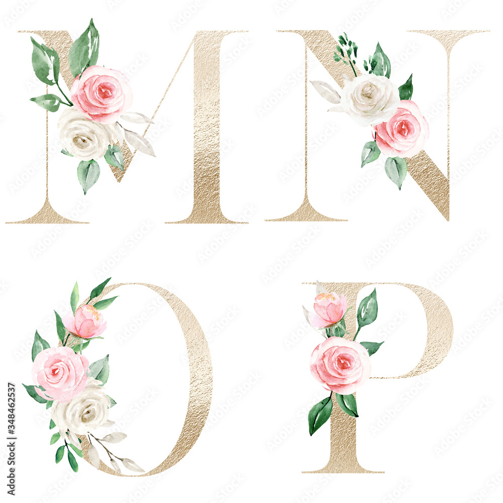 Floral gold alphabet, letters with watercolor flowers and leaves ...