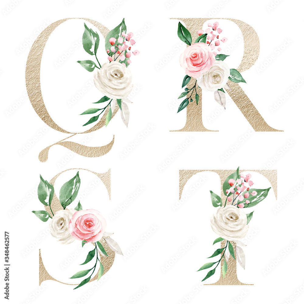 Floral gold alphabet, letters with watercolor flowers and leaves ...