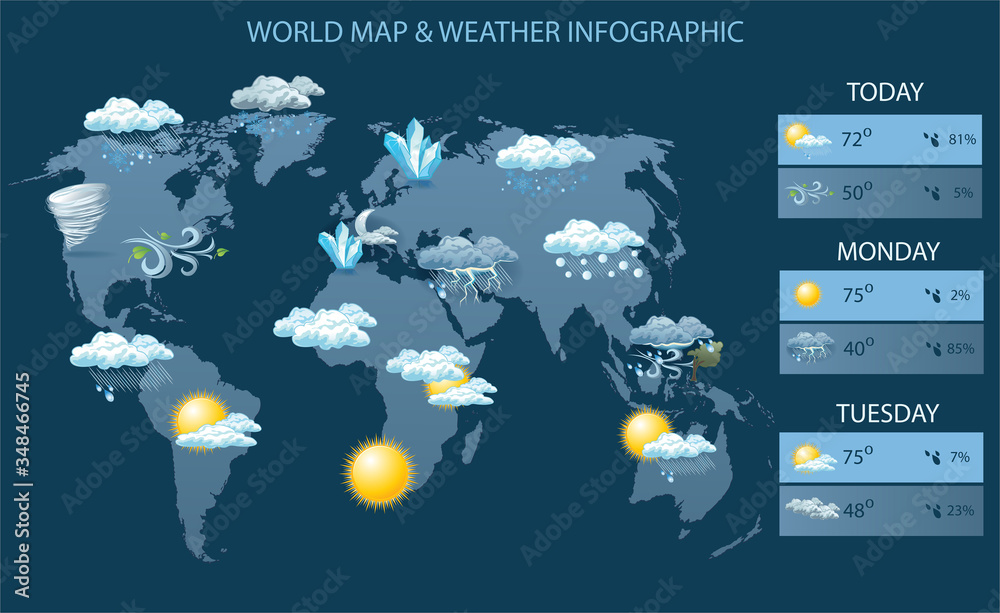 Vector world map and weather infographic. Icons on dark background ...