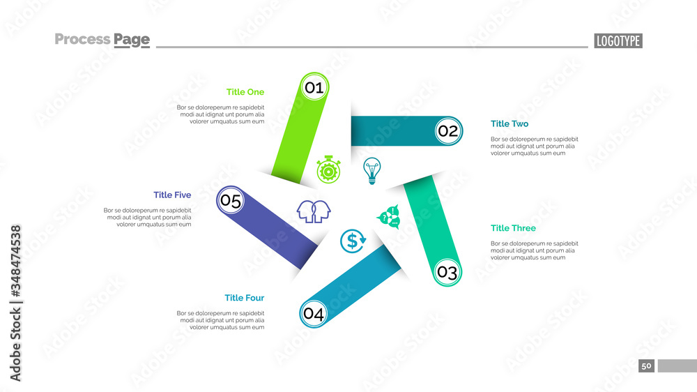 Five steps process chart slide template. Business data. Visualization ...