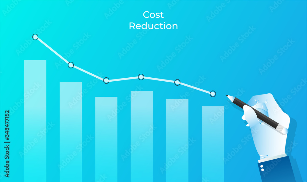 Cost reduction design concept. Businessman drawing graph of bar chart ...