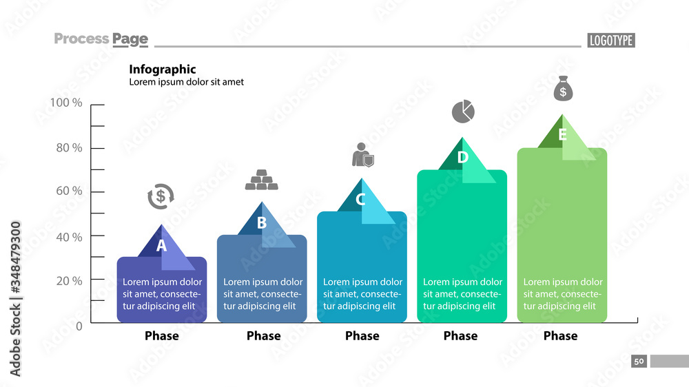 Five phase process chart template design. Element of chart, graph ...