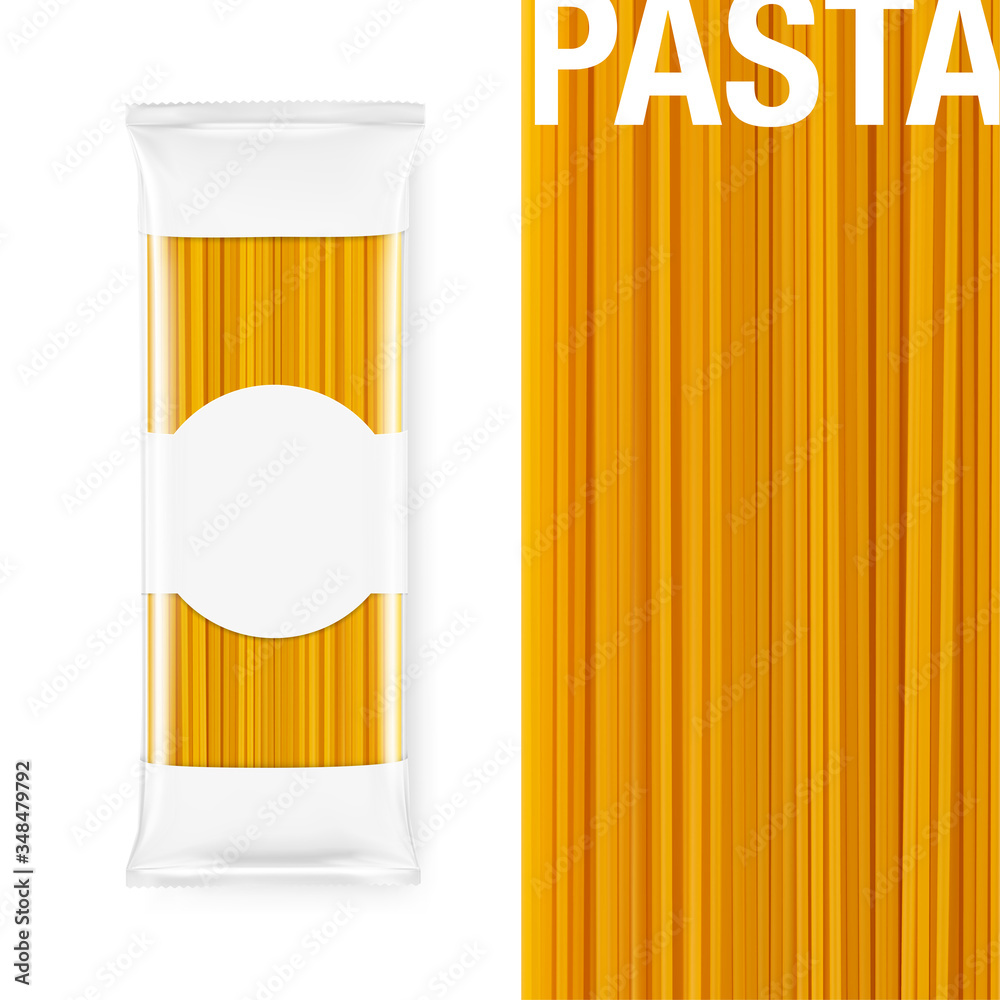 Transparent package with spaghetti pasta isolated on white background ...
