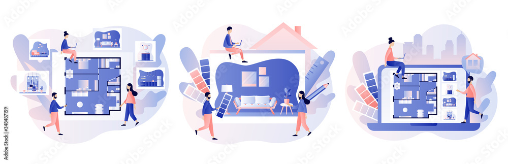 Interior design studio concept. Tiny designers designing interior ...