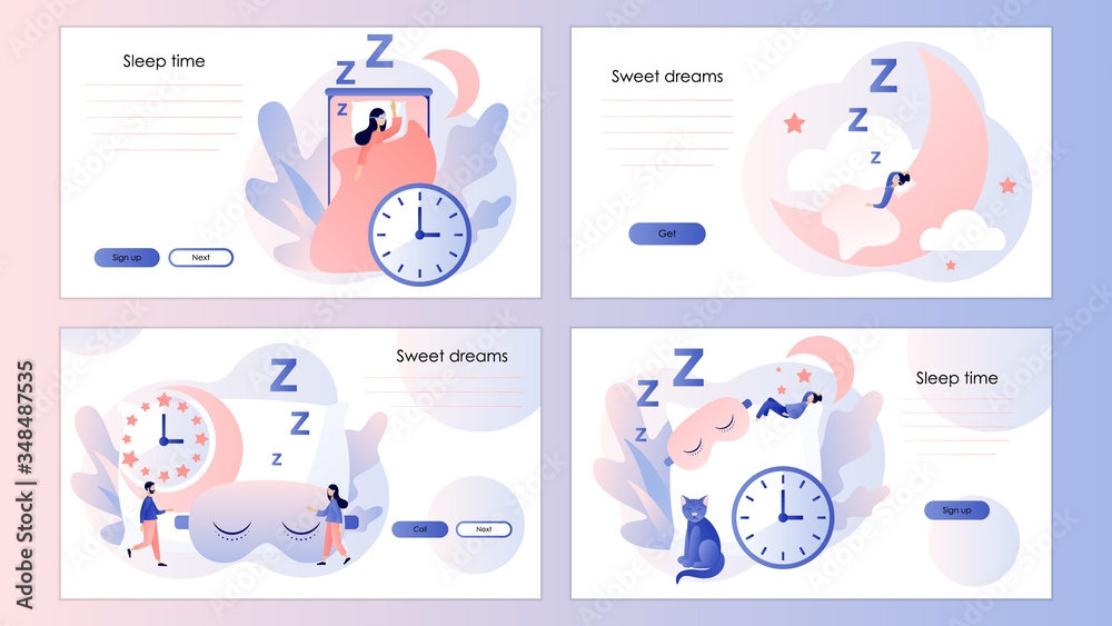 Sleep time. Sweet dreams. Tiny woman sleeps in mask. Screen template ...