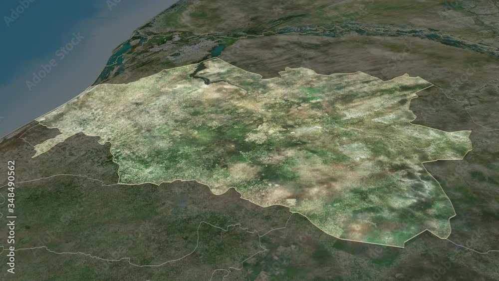 Louga, region with its capital, zoomed and extruded on the satellite ...