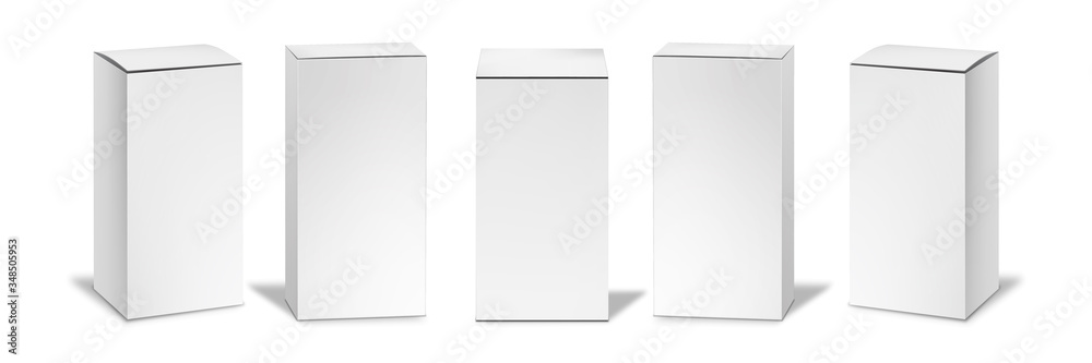Realistic white boxes mockups set. Collection of realism style drawn ...