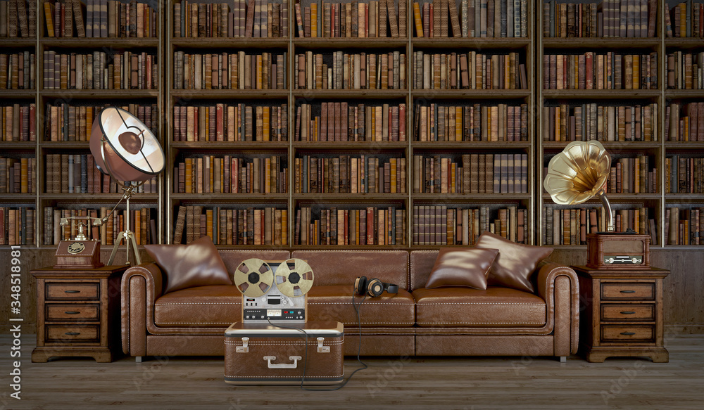 Vintage living room.Leather sofa and library with old phone,old ...