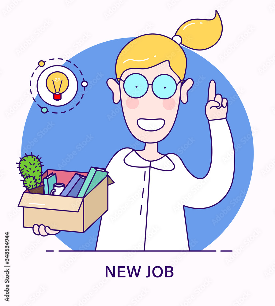 New job offer. Concept in flat cartoon style. Successful smiling woman ...