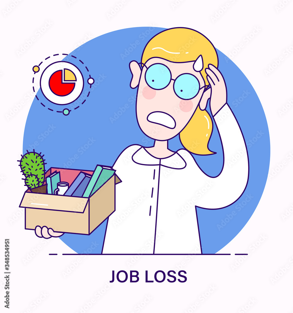 Job loss concept in flat cartoon style. Dismissed sad person carrying ...