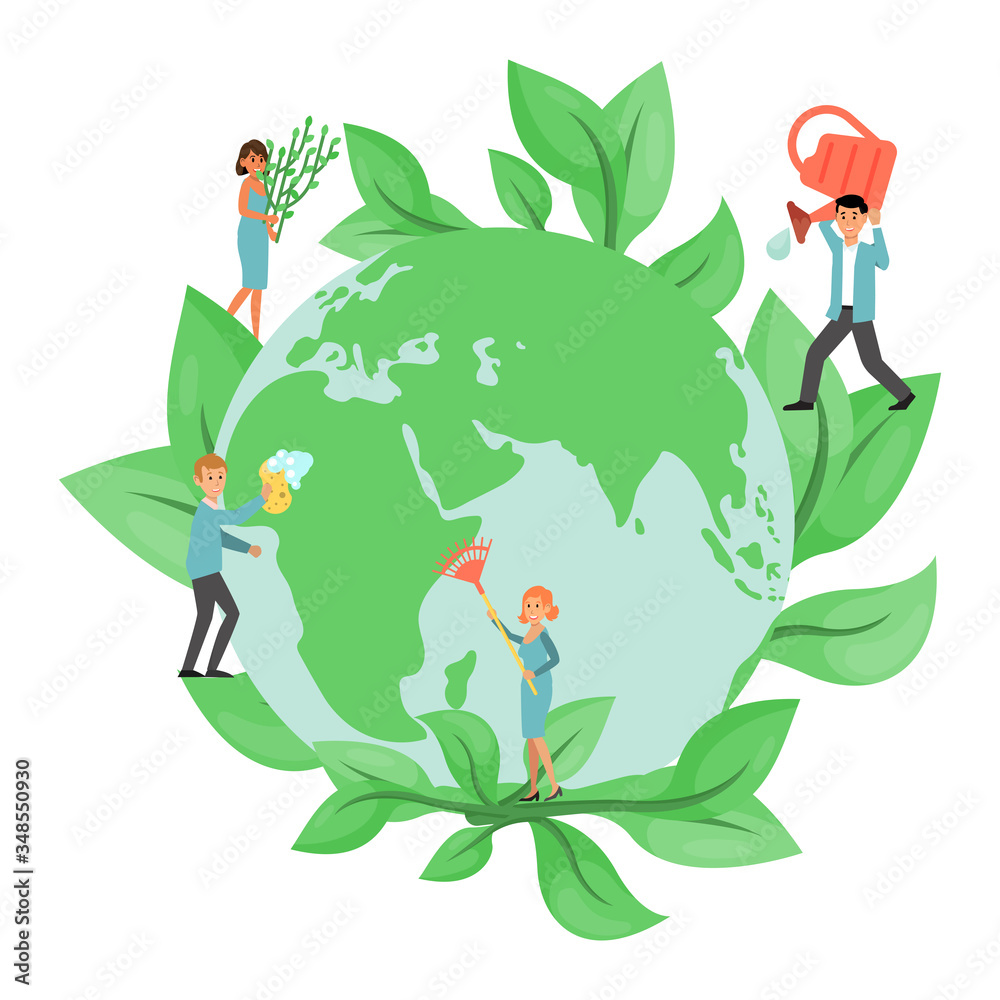 Tiny character people male female ecology activist save earth ...