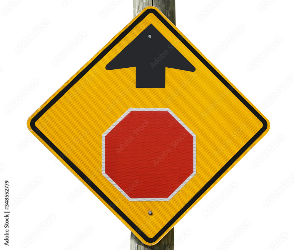 Stop sign ahead warning sign with black arrow and empty red octagon ...