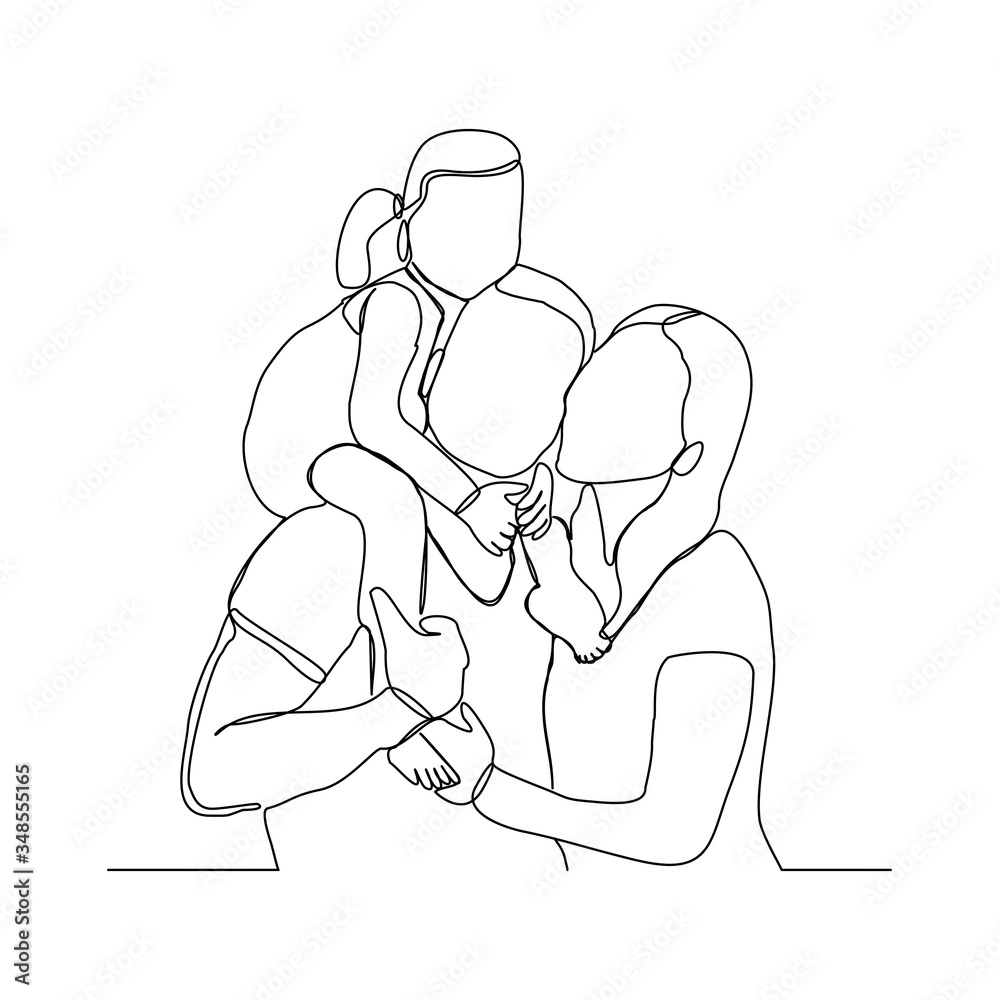 Continuous line drawing of happy family dad, mom, and child. Single ...
