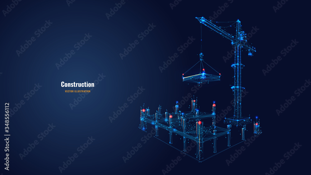 Building work process with construction equipment in dark blue ...