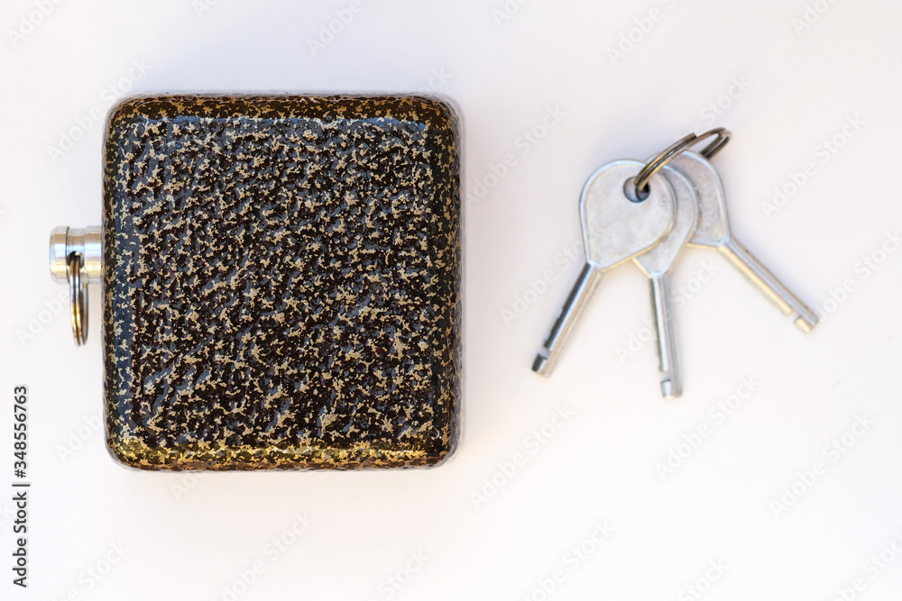 Padlock metal lock crab and three keys top view. Large heavy padlock ...
