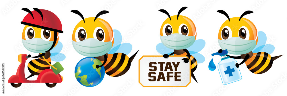 Cartoon cute bee global health awareness against virus in set. Cute bee ...