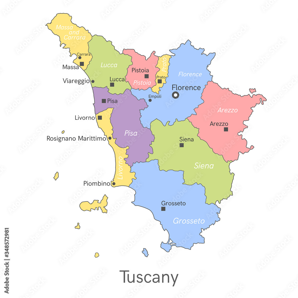 Vector illustration: administrative map of Tuscany with the names of cities and provinces. Stock ...