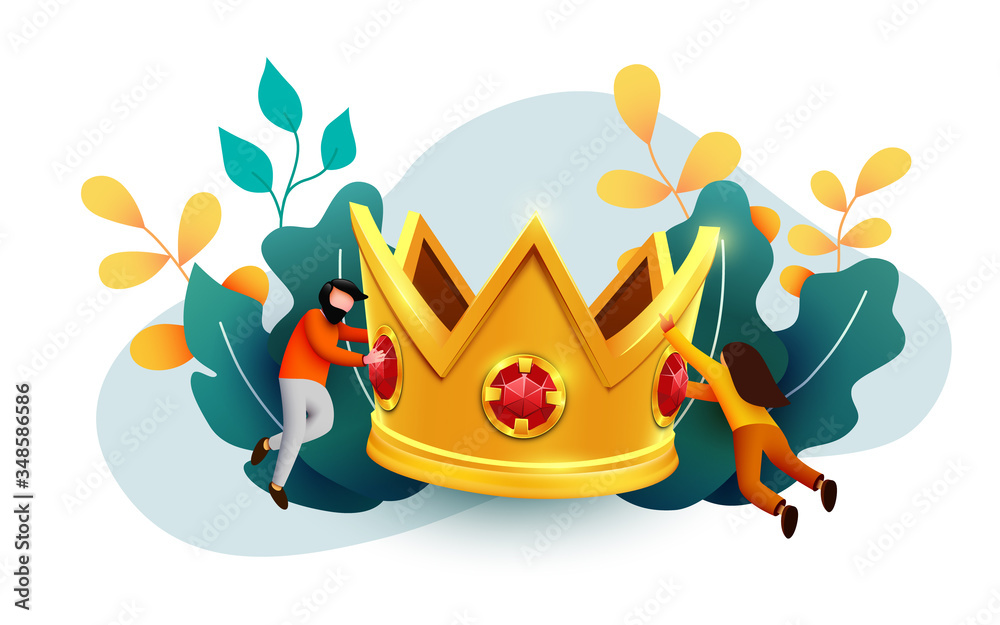 Small people flying around big golden crown. Victory, triumph or ...