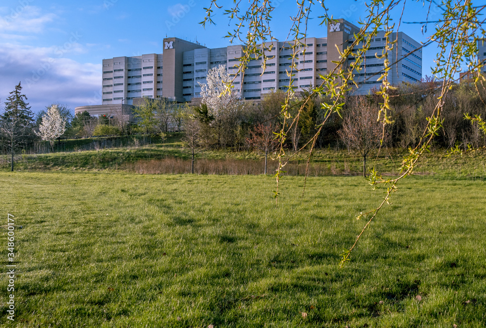 U of M Hospital as a Backdrop to a green field Stock Photo | Adobe Stock