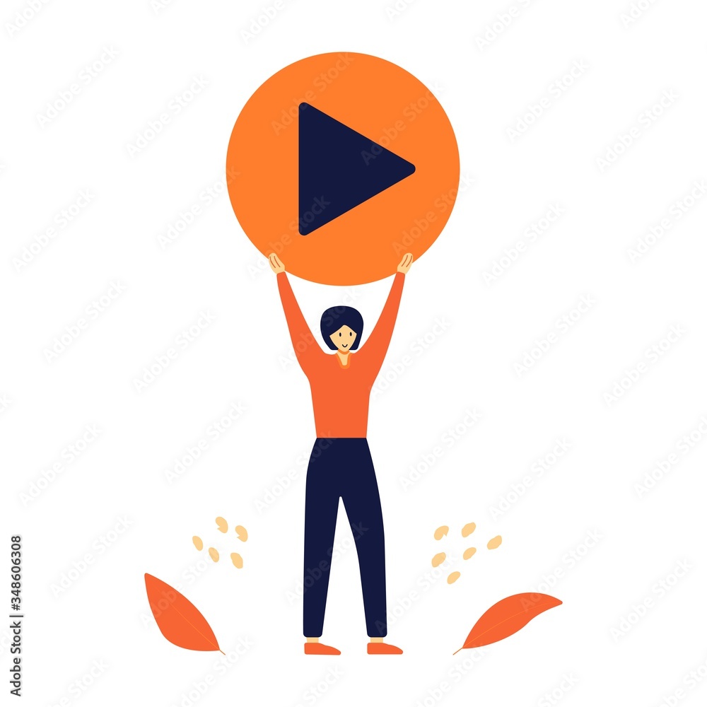 Girl stands and holds play button above her head. Flat vector ...