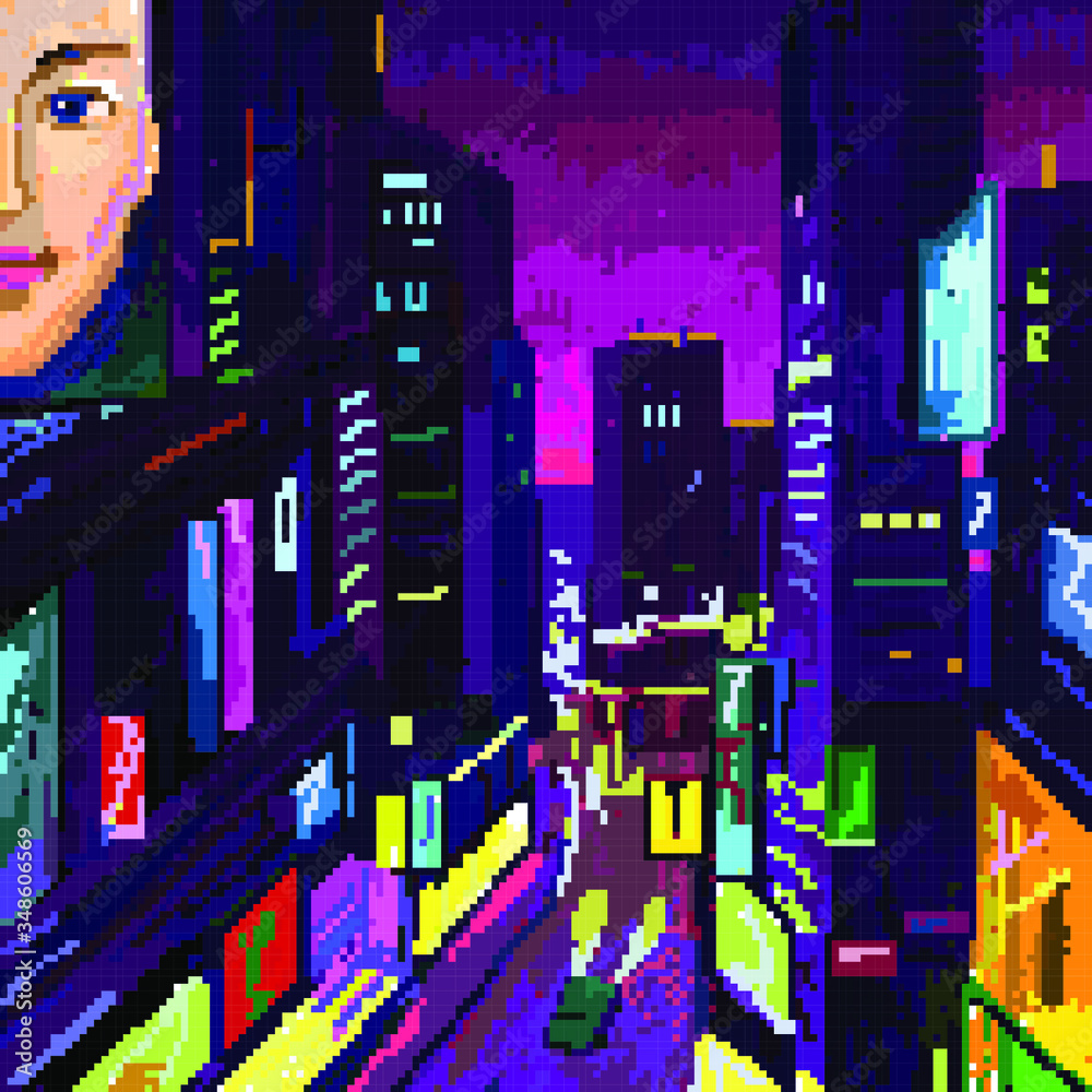 Pixel retro wave urban city night life sci-fi Stock Vector | Adobe Stock