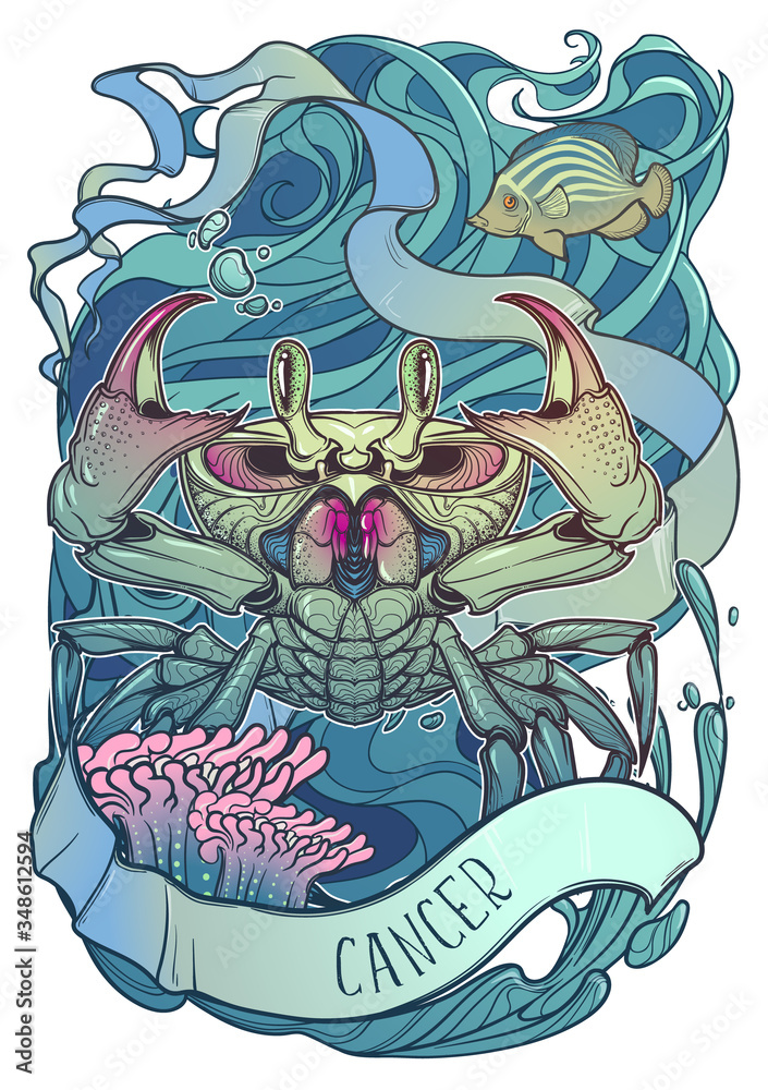 Zodiac sign of Cancer, element of Water. Intricate linear drawing on ...