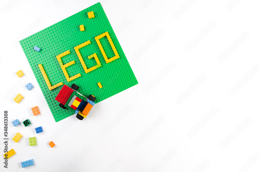 Vilnius, Lithuania - 17 August, 2019: Word LEGO on green baseplate and ...