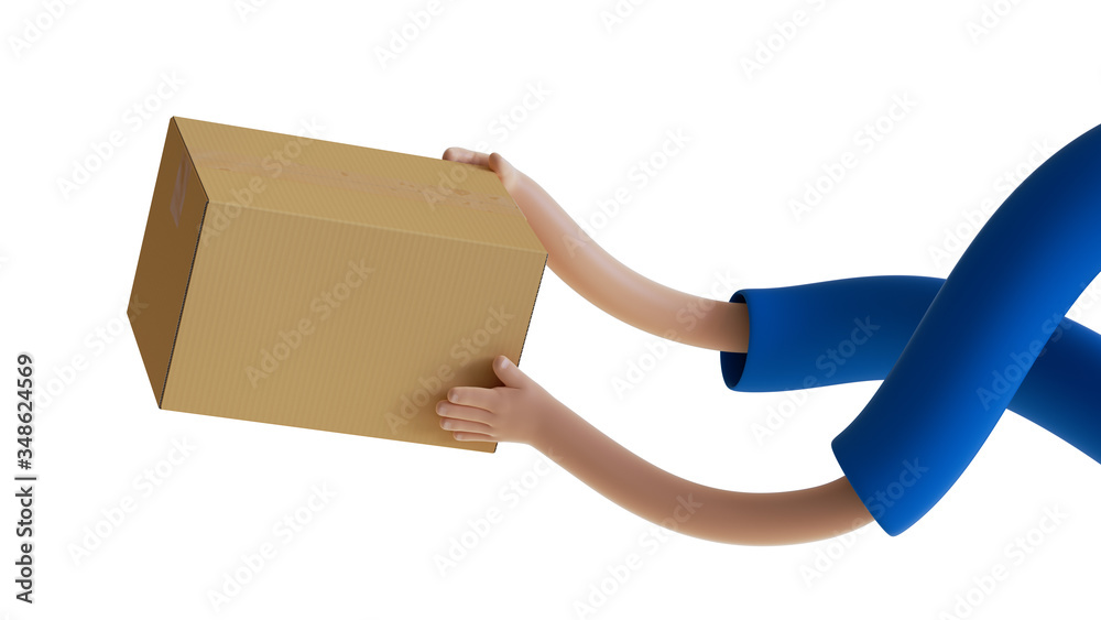 3d render, cartoon hands in blue sleeves hold parcel package, blank ...