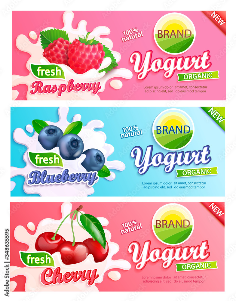 Set of blueberry, cherry, raspberry yogurt labels. Natural and fresh ...