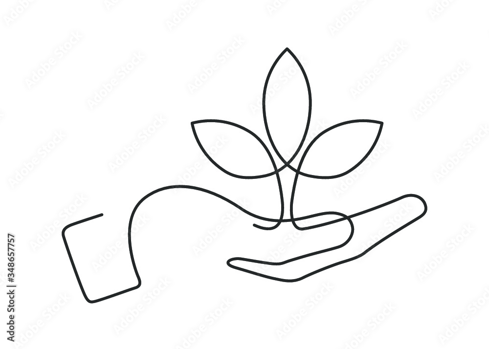 Continuous line drawing of growing plant in hand on white background ...