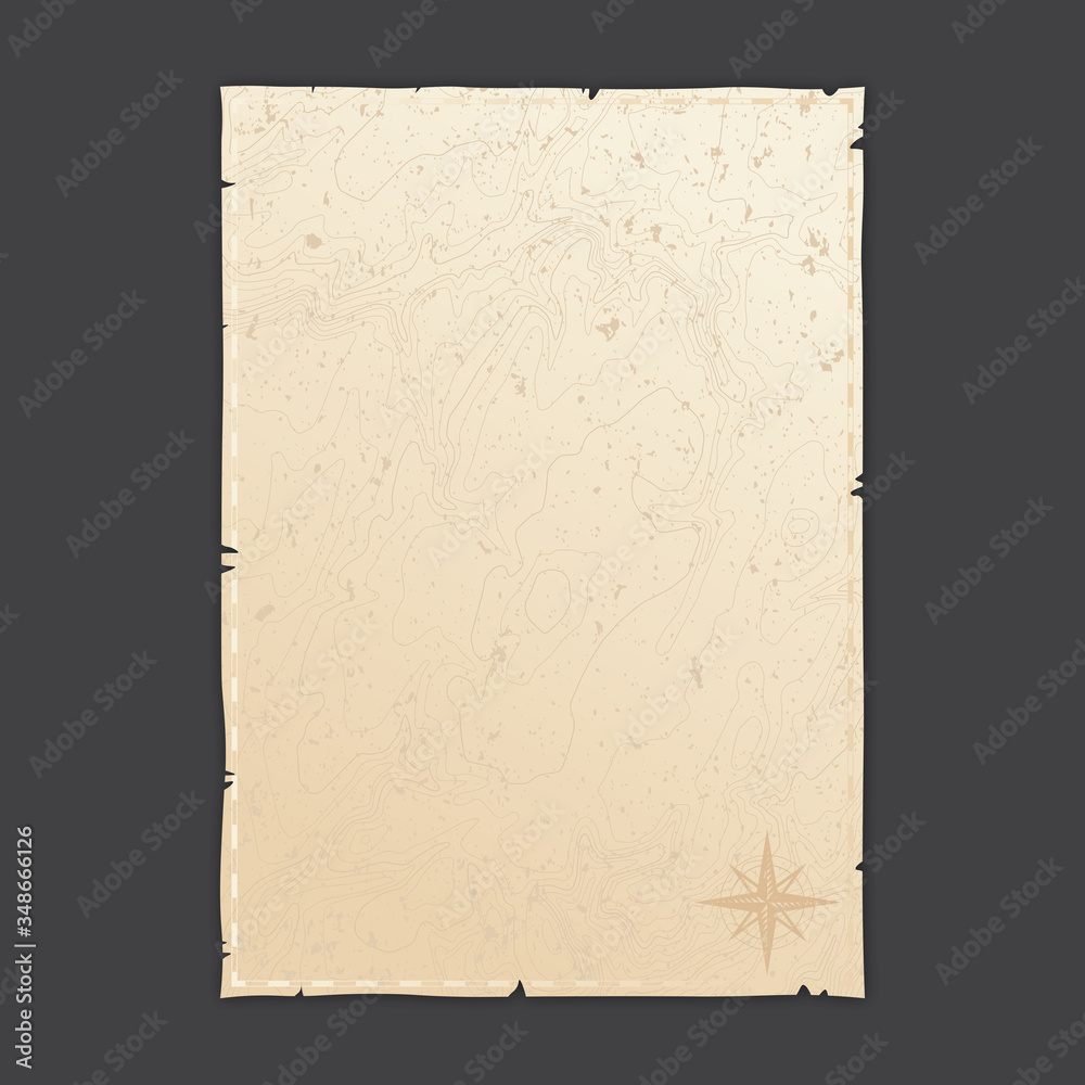 Old map with topographic lines and compass, A4 paper format, vertical ...