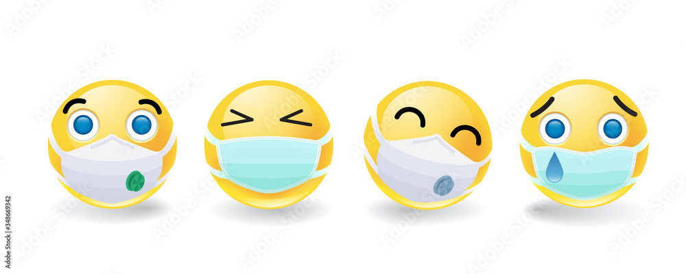 Set of four smileys or emoticons in masks conceptual of the coronavirus ...