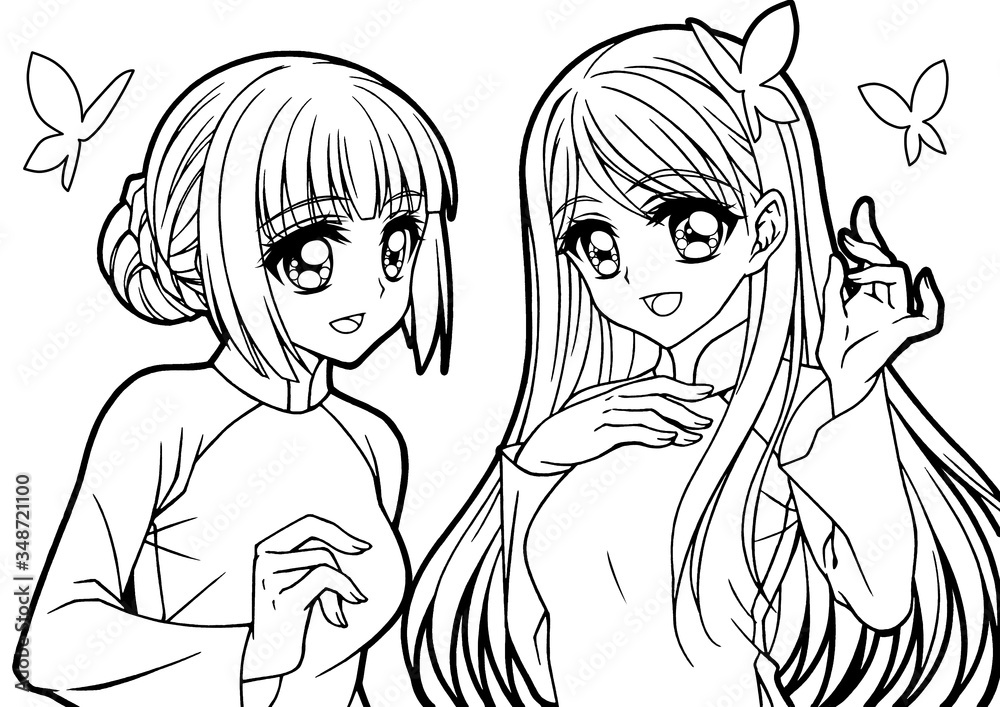 Coloring book illustration of girls wearing ao dai Stock Illustration ...