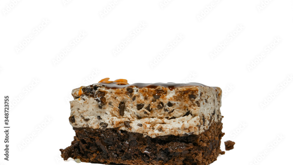 Chocolate cake, slice. Close up. Chocolate cake with a biscuit in the ...