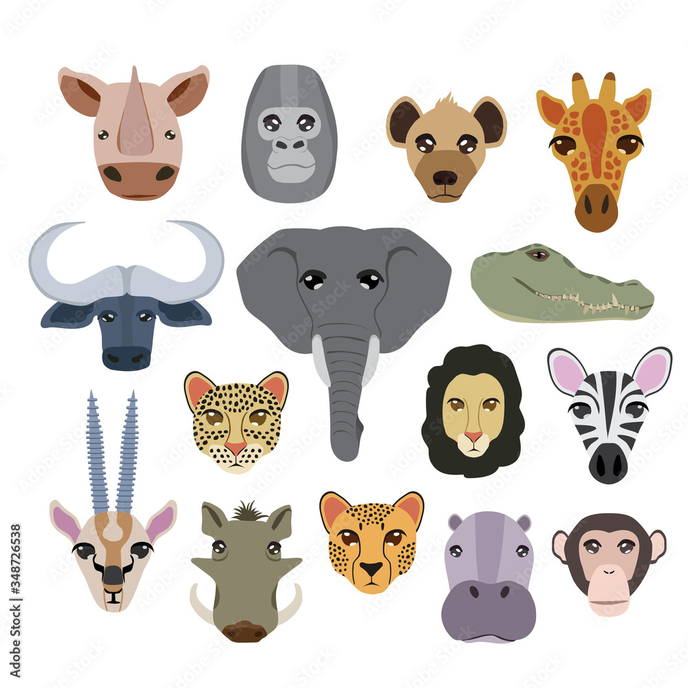Group of African Animal Faces - Vector/Cartoon Stock Vector | Adobe Stock