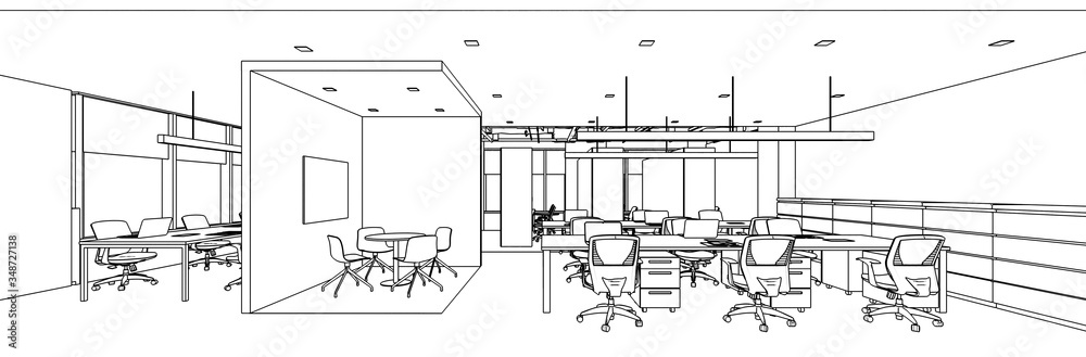 interior outline sketch drawing perspective of a space office Stock ...