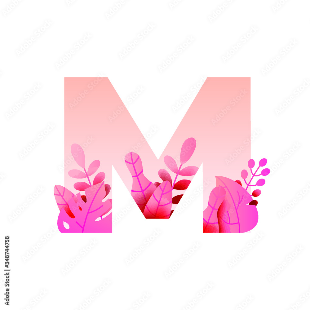 Botanical Alphabet Series - Letter M vector with botanic branch bouquet ...