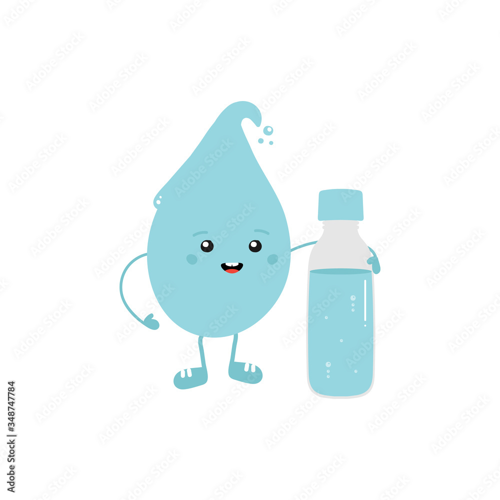 Cartoon water drop character holding bottle of water, concept of drink ...