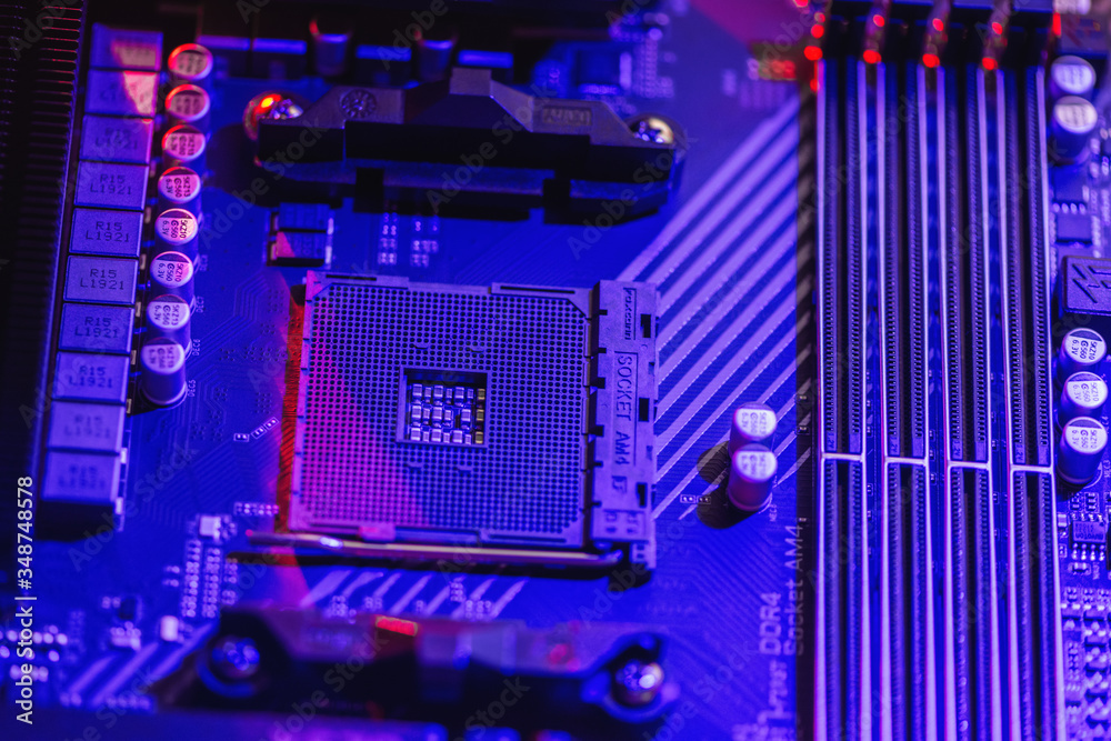 Socket am4. Close up of the AM4 socket for the motherboard with neon ...