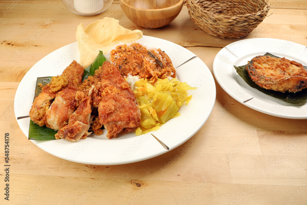 Traditional Malaysian Indian food white rice cabbage vegetable meat ...