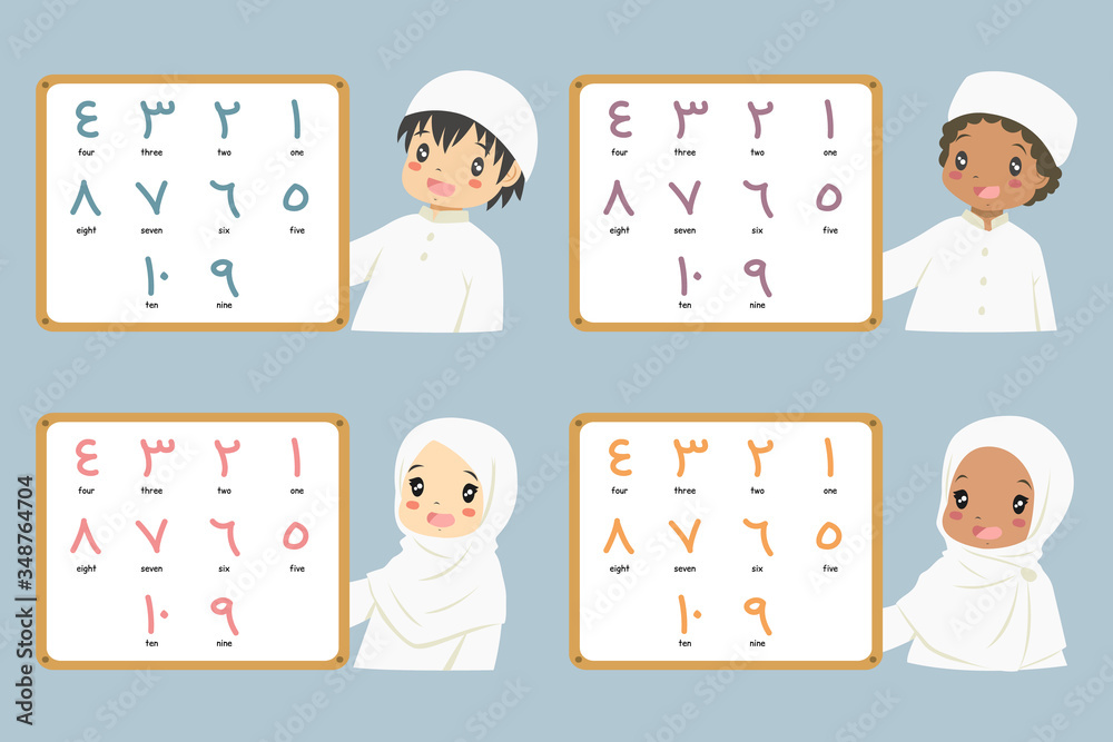 Muslim children holding a whiteboard with colorful Arabic numbers ...